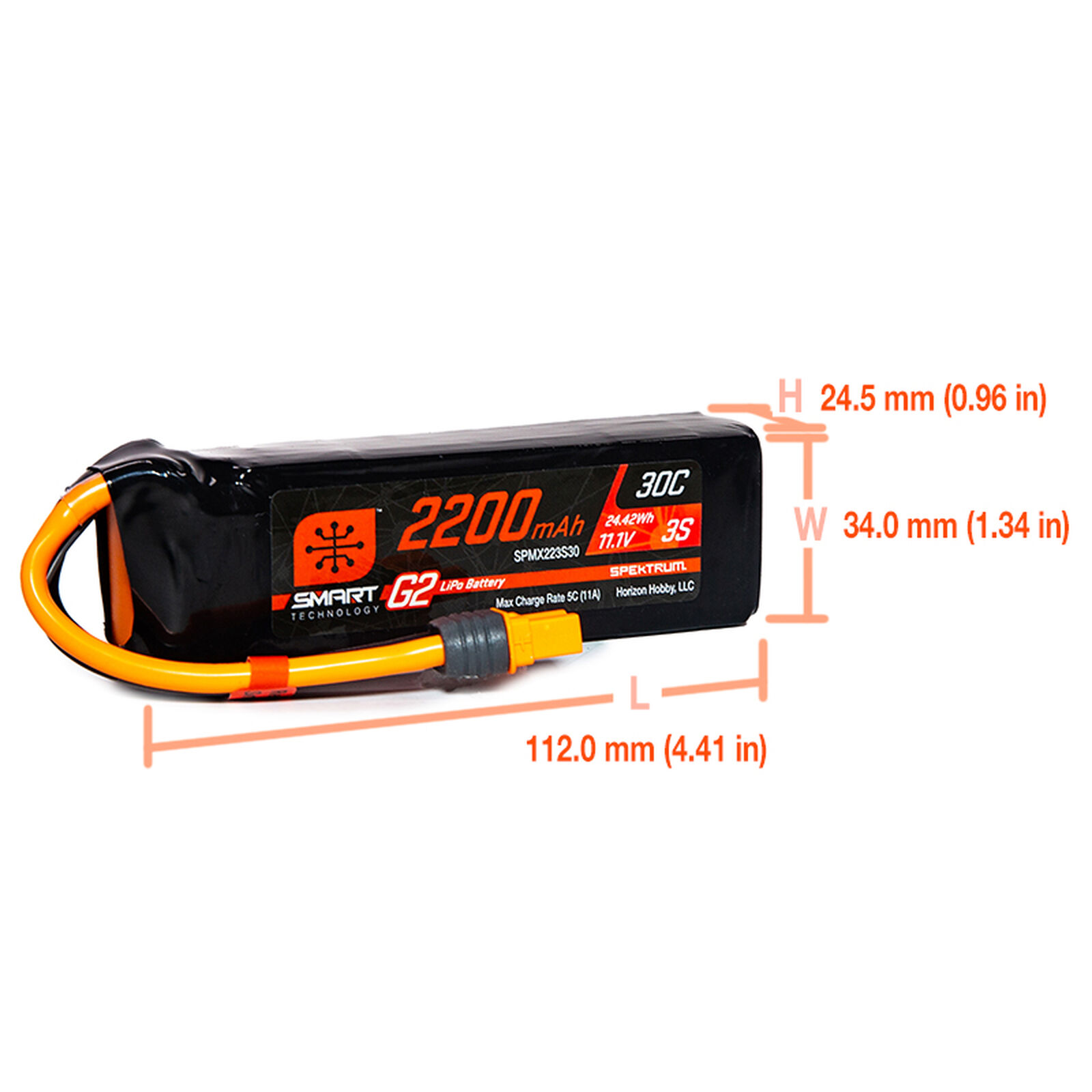 11.1V 2200mAh 3S 30C Smart G2 LiPo Battery: IC3 | Spektrum